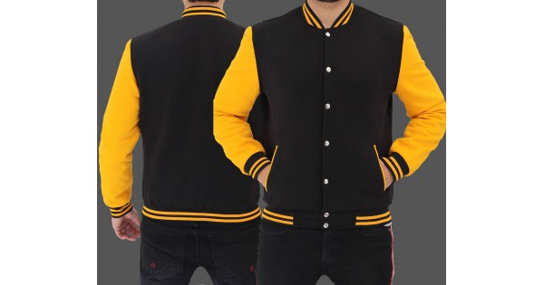 Black Yellow Varsity Bomber Wool Leather Baseball Bomber Jacket